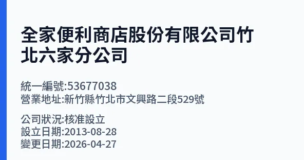全家便利商店股份有限公司竹北六家分公司的照片-統編 53677038(新竹縣) 公司登記資料與營業項目詳細圖表