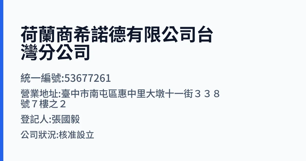荷蘭商希諾德有限公司台灣分公司 - 統編 53677261(臺中市) 公司登記資料與營業項目詳細圖表