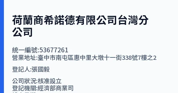 荷蘭商希諾德有限公司台灣分公司的照片-統編 53677261(臺中市) 公司登記資料與營業項目詳細圖表