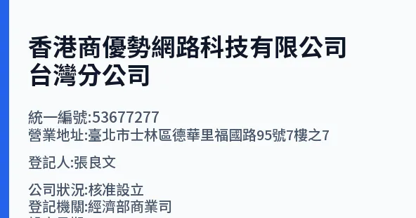 香港商優勢網路科技有限公司台灣分公司的照片-統編 53677277(臺北市) 公司登記資料與營業項目詳細圖表