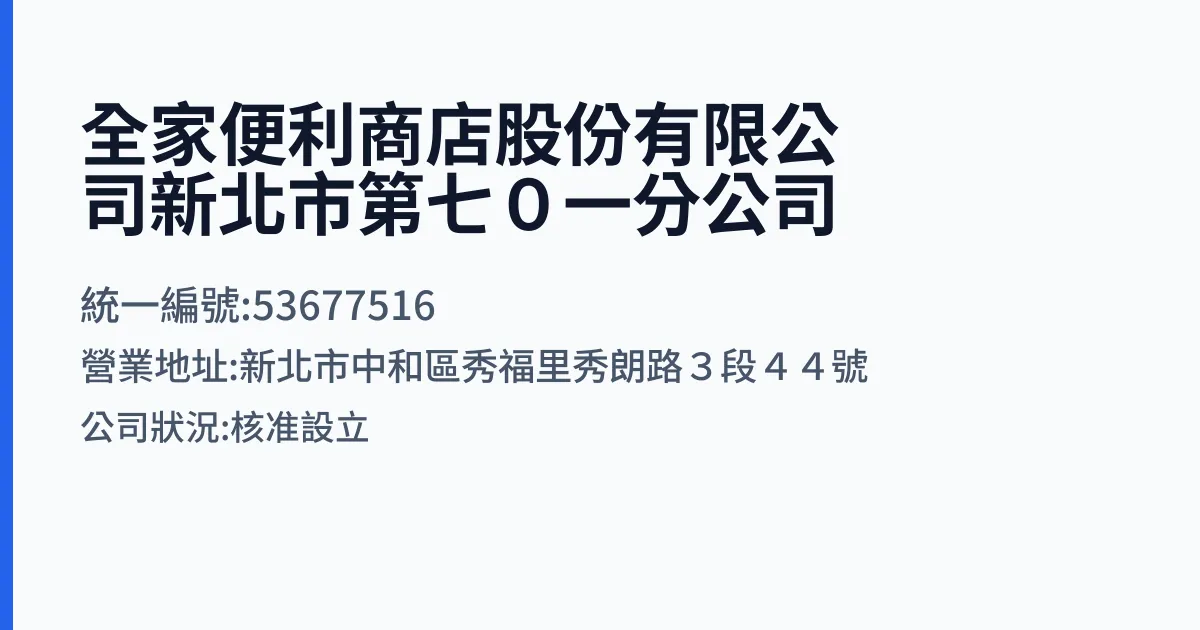 全家便利商店股份有限公司新北市第七０一分公司 - 統編 53677516(新北市) 公司登記資料與營業項目詳細圖表