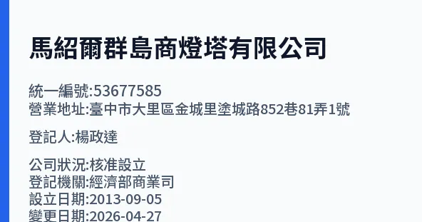 馬紹爾群島商燈塔有限公司的照片-統編 53677585(臺中市) 公司登記資料與營業項目詳細圖表