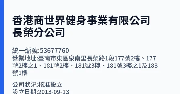 香港商世界健身事業有限公司長榮分公司的照片-統編 53677760(臺南市) 公司登記資料與營業項目詳細圖表