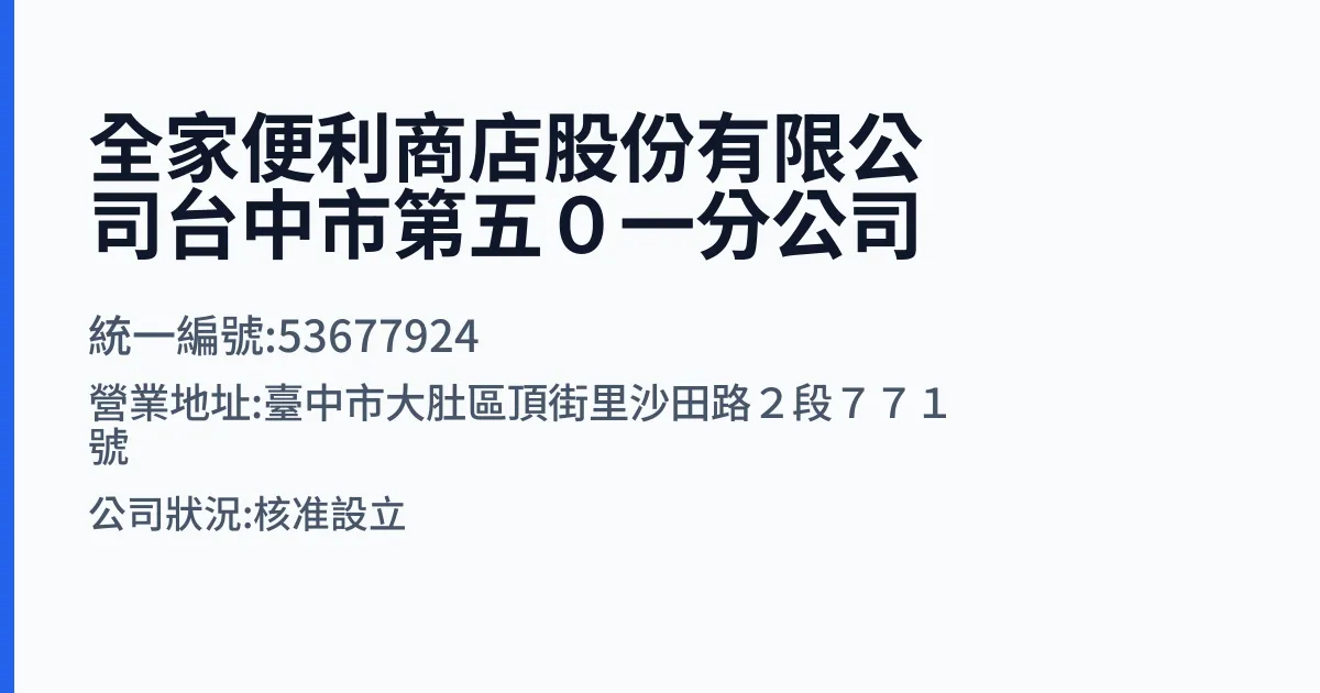 全家便利商店股份有限公司台中市第五０一分公司 - 統編 53677924(臺中市) 公司登記資料與營業項目詳細圖表