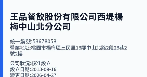 王品餐飲股份有限公司西堤楊梅中山北分公司的照片-統編 53678058(桃園市) 公司登記資料與營業項目詳細圖表