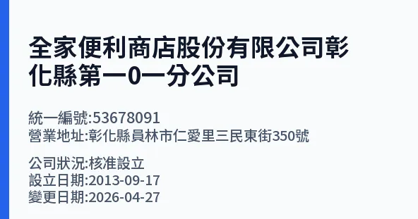 全家便利商店股份有限公司彰化縣第一0一分公司的照片-統編 53678091(彰化縣) 公司登記資料與營業項目詳細圖表