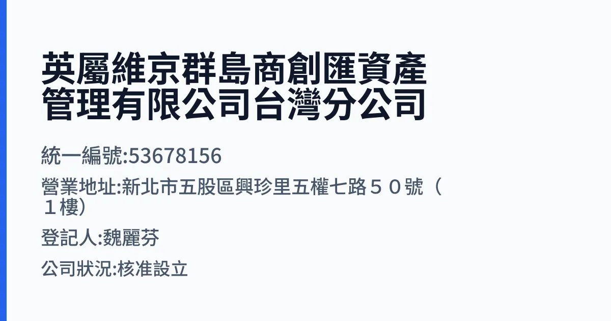 英屬維京群島商創匯資產管理有限公司台灣分公司 - 統編 53678156（新北市） 公司登記資料與營業項目詳細圖表