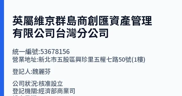 英屬維京群島商創匯資產管理有限公司台灣分公司的照片-統編 53678156(新北市) 公司登記資料與營業項目詳細圖表