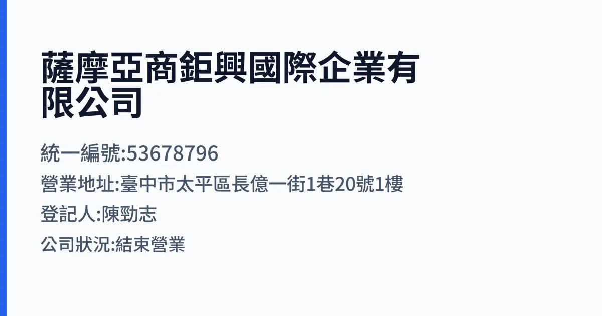 薩摩亞商鉅興國際企業有限公司 - 統編 53678796(臺中市) 公司登記資料與營業項目詳細圖表