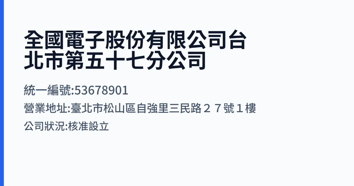 全國電子股份有限公司台北市第五十七分公司 - 統編 53678901(臺北市) 公司登記資料與營業項目詳細圖表