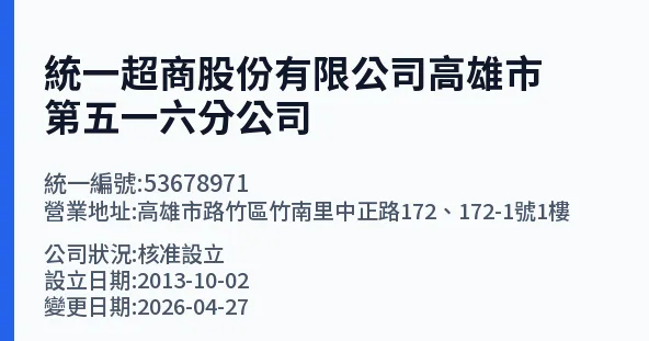統一超商股份有限公司高雄市第五一六分公司的照片-統編 53678971(高雄市) 公司登記資料與營業項目詳細圖表