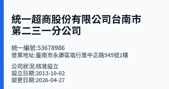 統一超商股份有限公司台南市第二三一分公司的照片-統編 53678986(臺南市) 公司登記資料與營業項目詳細圖表