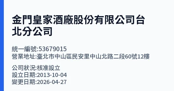 金門皇家酒廠股份有限公司台北分公司的照片-統編 53679015(臺北市) 公司登記資料與營業項目詳細圖表