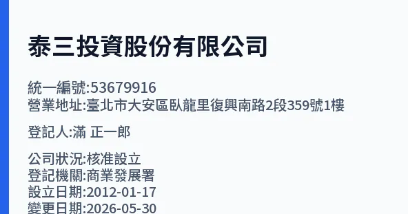 泰三投資股份有限公司的照片-統編 53679916(臺北市) 公司登記資料與營業項目詳細圖表