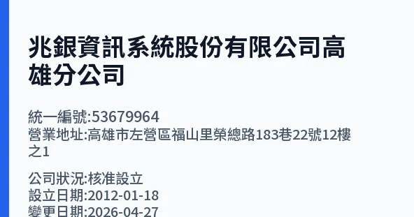兆銀資訊系統股份有限公司高雄分公司的照片-統編 53679964(高雄市) 公司登記資料與營業項目詳細圖表