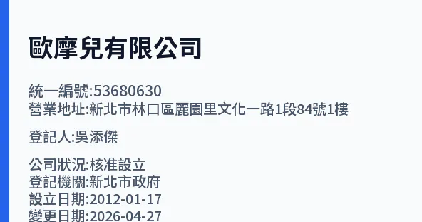 歐摩兒有限公司的照片-統編 53680630(新北市) 公司登記資料與營業項目詳細圖表