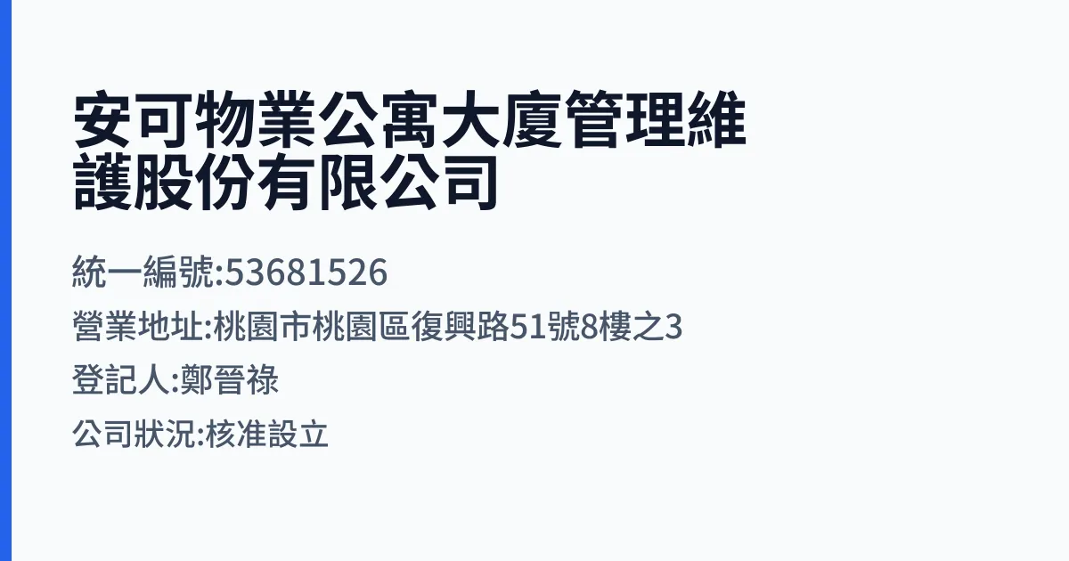 安可物業公寓大廈管理維護股份有限公司 - 統編 53681526 (桃園市) 公司登記資料與營業項目詳細圖表