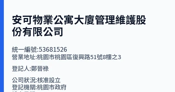 安可物業公寓大廈管理維護股份有限公司的照片-統編 53681526(桃園市) 公司登記資料與營業項目詳細圖表