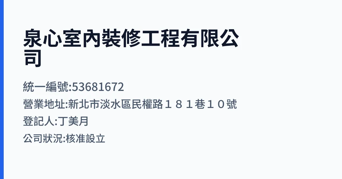 泉心室內裝修工程有限公司 - 統編 53681672(新北市) 公司登記資料與營業項目詳細圖表