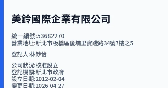 美鈴國際企業有限公司的照片-統編 53682270(新北市) 公司登記資料與營業項目詳細圖表