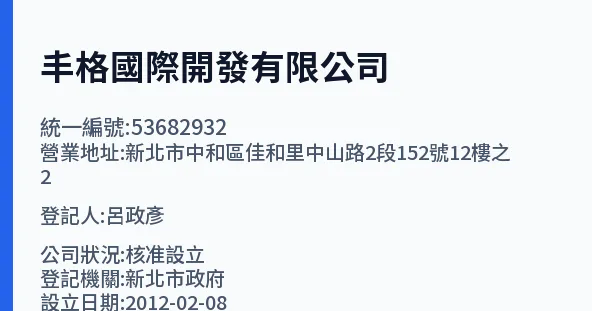 丰格國際開發有限公司的照片-統編 53682932(新北市) 公司登記資料與營業項目詳細圖表