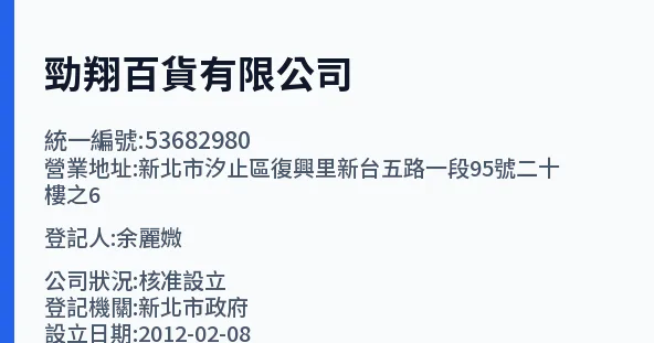 勁翔百貨有限公司的照片-統編 53682980(新北市) 公司登記資料與營業項目詳細圖表