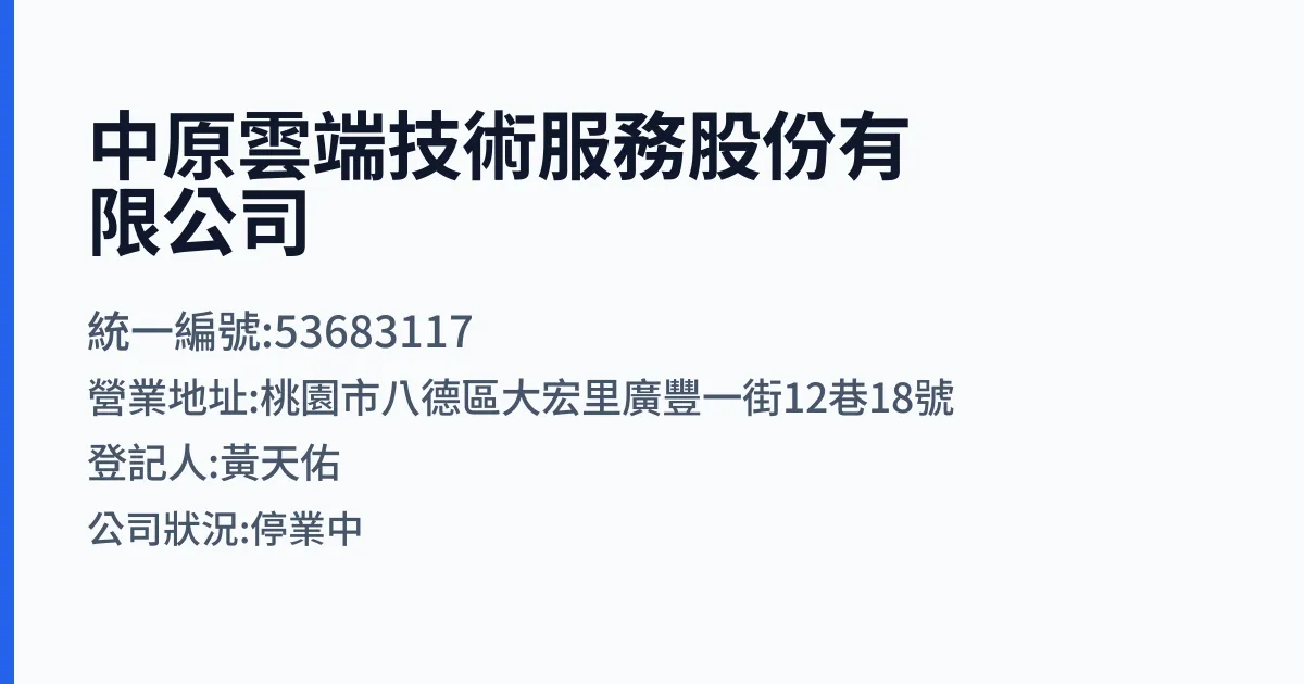 中原雲端技術服務股份有限公司 - 統編 53683117(桃園市) 公司登記資料與營業項目詳細圖表