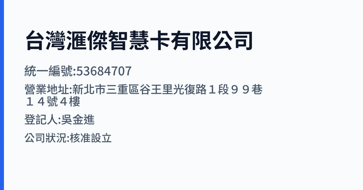 台灣滙傑智慧卡有限公司 - 統編 53684707(新北市) 公司登記資料與營業項目詳細圖表