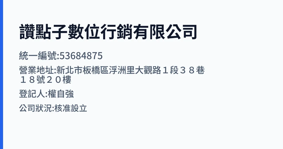 讚點子數位行銷有限公司 - 統編 53684875(新北市) 公司登記資料與營業項目詳細圖表