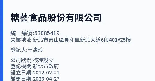 糖藝食品股份有限公司的照片-統編 53685419(新北市) 公司登記資料與營業項目詳細圖表