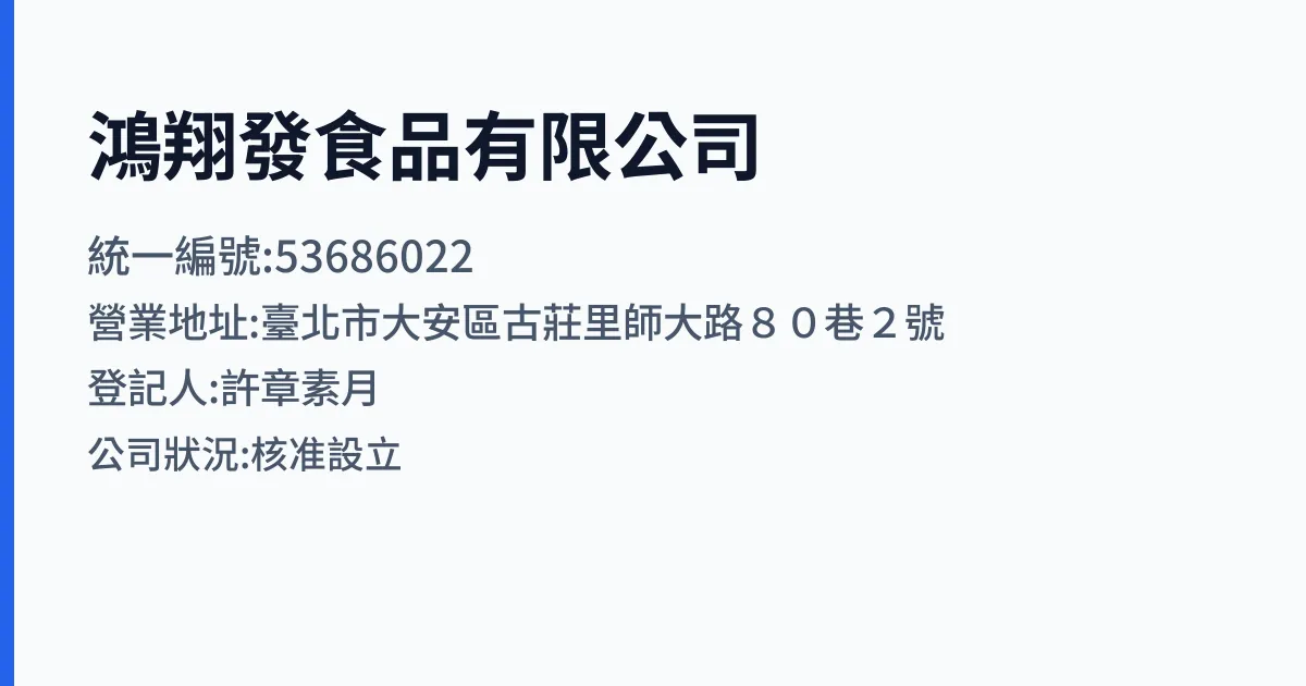 鴻翔發食品有限公司 - 統編 53686022(臺北市) 公司登記資料與營業項目詳細圖表