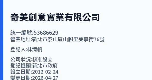 奇美創意實業有限公司的照片-統編 53686629(新北市) 公司登記資料與營業項目詳細圖表