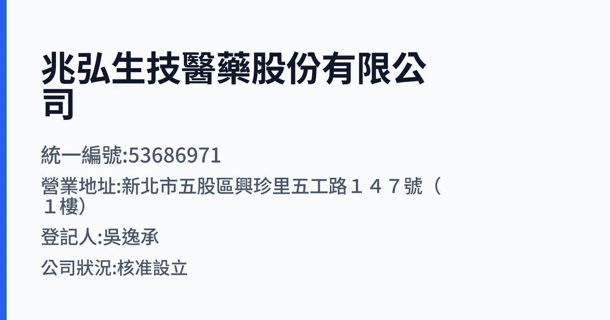 兆弘生技醫藥股份有限公司 - 統編 53686971(新北市) 公司登記資料與營業項目詳細圖表
