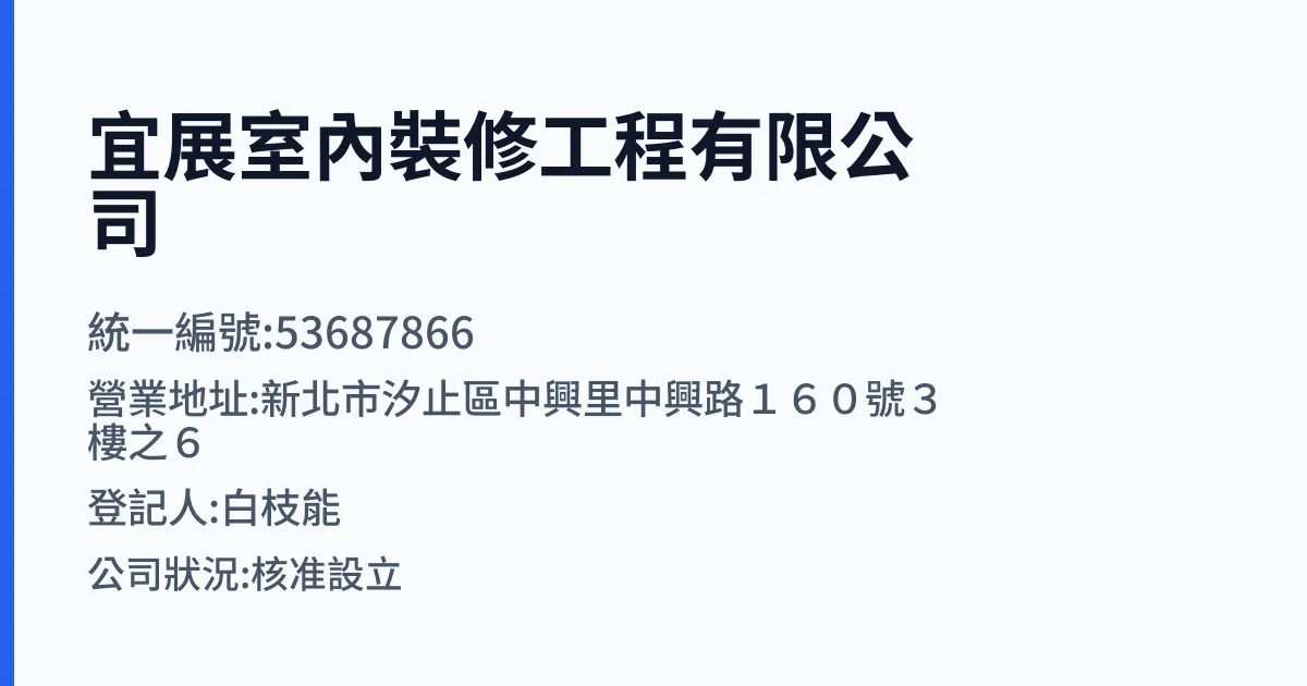 宜展室內裝修工程有限公司 - 統編 53687866(新北市) 公司登記資料與營業項目詳細圖表