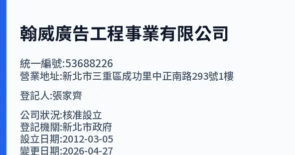翰威廣告工程事業有限公司的照片-統編 53688226(新北市) 公司登記資料與營業項目詳細圖表
