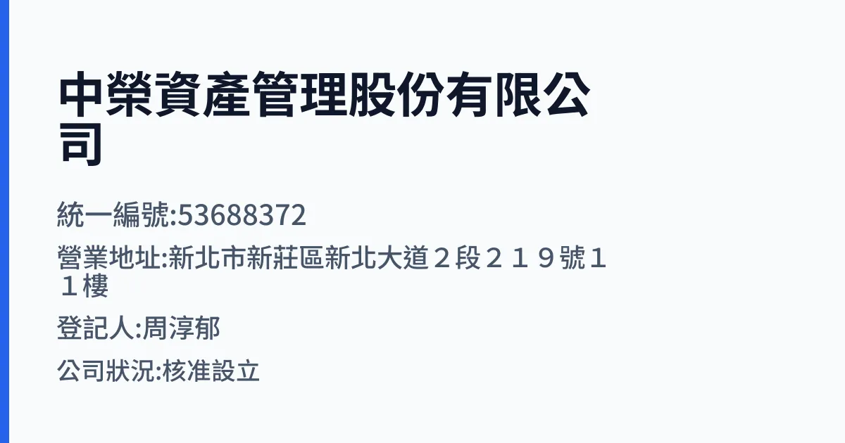 中榮資產管理股份有限公司 - 統編 53688372(新北市) 公司登記資料與營業項目詳細圖表