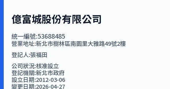億富城股份有限公司的照片-統編 53688485(新北市) 公司登記資料與營業項目詳細圖表