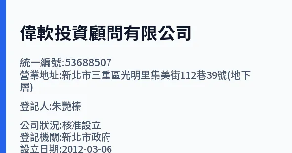 偉軟投資顧問有限公司的照片-統編 53688507(新北市) 公司登記資料與營業項目詳細圖表