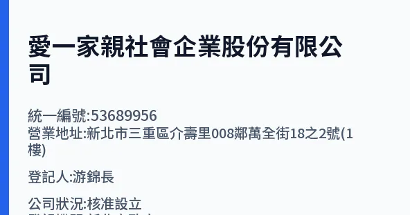 愛一家親社會企業股份有限公司的照片-統編 53689956(新北市) 公司登記資料與營業項目詳細圖表
