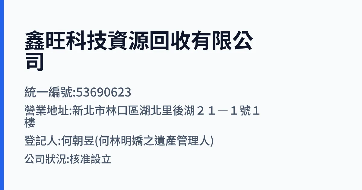 鑫旺科技資源回收有限公司 - 統編 53690623(新北市) 公司登記資料與營業項目詳細圖表