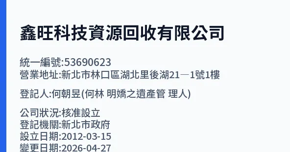 鑫旺科技資源回收有限公司的照片-統編 53690623(新北市) 公司登記資料與營業項目詳細圖表