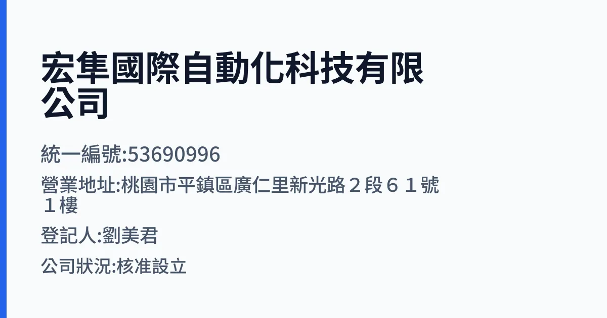 宏隼國際自動化科技有限公司 - 統編 53690996(桃園市) 公司登記資料與營業項目詳細圖表