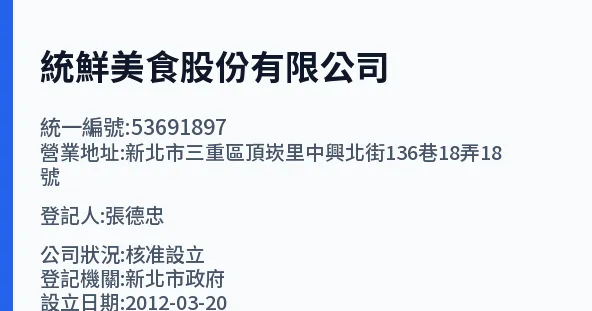 統鮮美食股份有限公司的照片-統編 53691897(新北市) 公司登記資料與營業項目詳細圖表