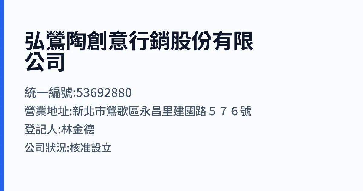 弘鶯陶創意行銷股份有限公司 - 統編 53692880(新北市) 公司登記資料與營業項目詳細圖表