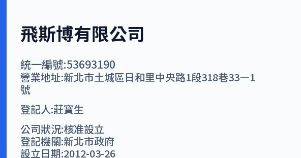 飛斯博有限公司的照片-統編 53693190(新北市) 公司登記資料與營業項目詳細圖表