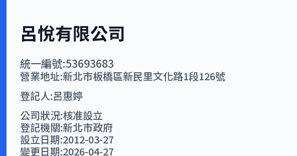 呂悅有限公司的照片-統編 53693683(新北市) 公司登記資料與營業項目詳細圖表