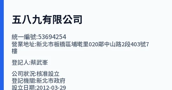 五八九有限公司的照片-統編 53694254(新北市) 公司登記資料與營業項目詳細圖表