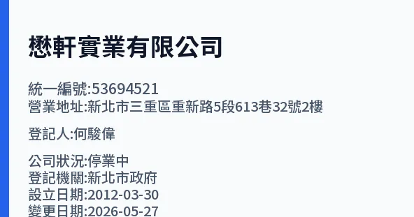 懋軒實業有限公司的照片-統編 53694521(新北市) 公司登記資料與營業項目詳細圖表