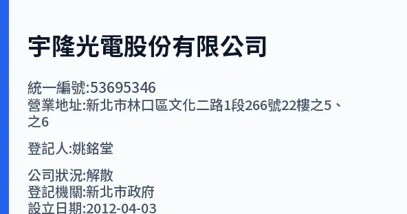 宇隆光電股份有限公司的照片-統編 53695346(新北市) 公司登記資料與營業項目詳細圖表