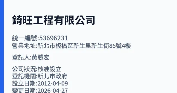 錡旺工程有限公司的照片-統編 53696231(新北市) 公司登記資料與營業項目詳細圖表